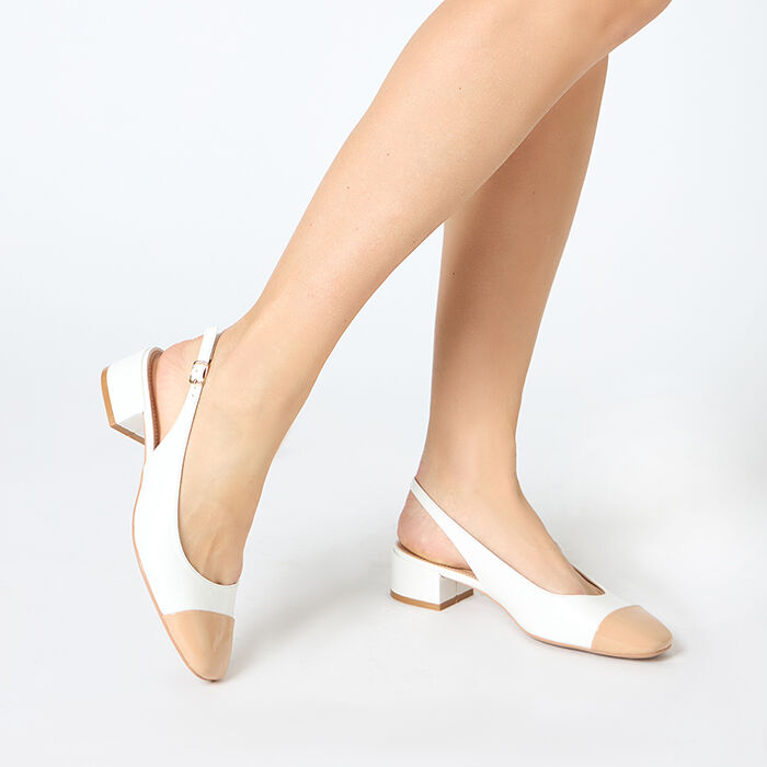 Décolleté slingback donna bianche-camel basse in vernice, tacco 4 cm ...