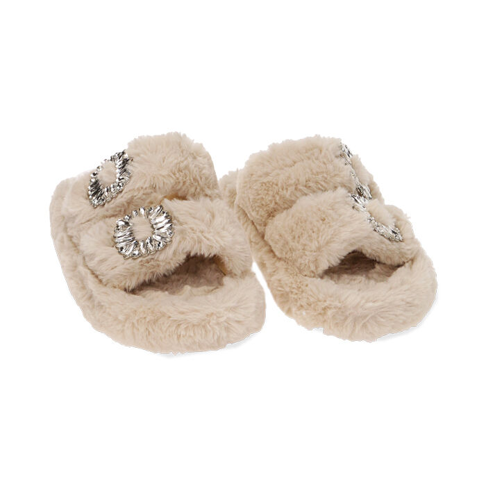 Ciabatte donna fluffy panna con cristalli | Primadonna Collection